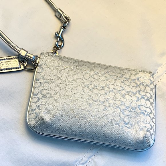 Coach | Bags | Coach Vintage Silver Metallic Signature Wristlet Vguc ...